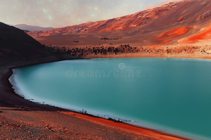 Mars Planet Surface with Lake of Water No Real Image Stock Photo ...