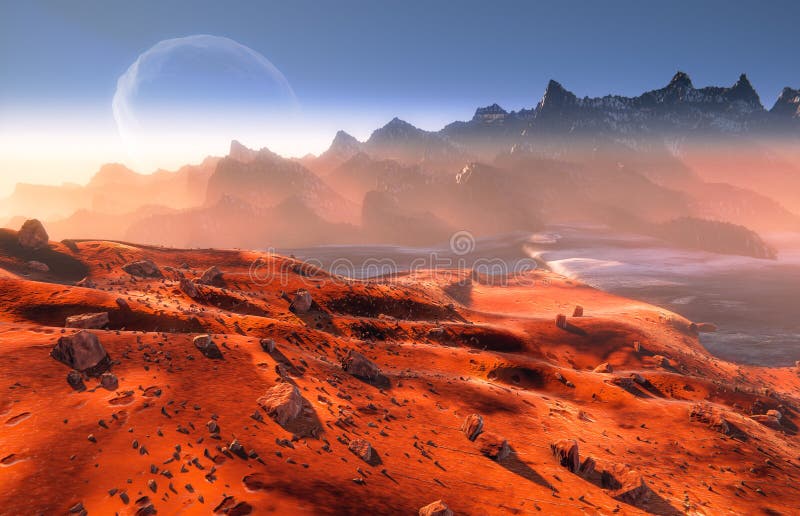 Mars - Over the Mountains stock illustration. Illustration of horizon ...
