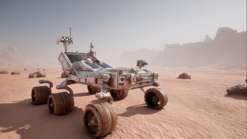 Mars Rover Exploration on Dusty Martian Terrain Under Clear Sky Stock ...