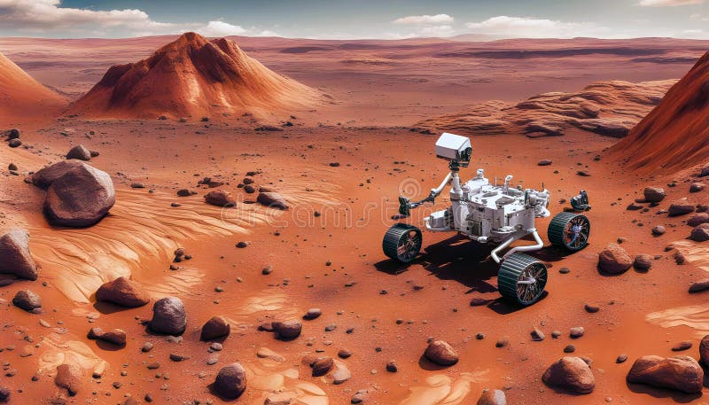 Mars Rover Exploring Red Martian Terrain Stock Illustration ...