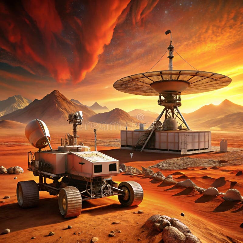 A Mars Rover Exploring a Red Planet, with a Large Satellite Dish. Stock ...