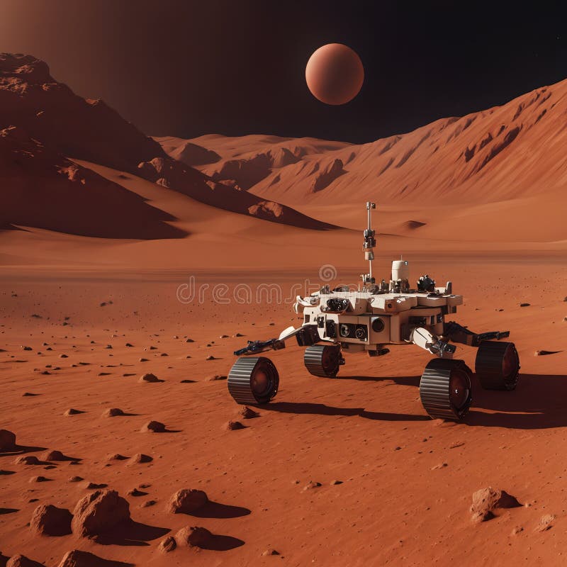 Mars Rover Exploring Red Planet with Moon in Distant Night Sky Stock ...