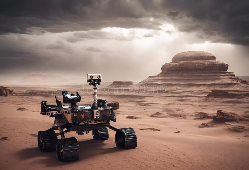 Mars Rover Exploring Rocky Desert Landscape Under Dramatic Sky Stock ...