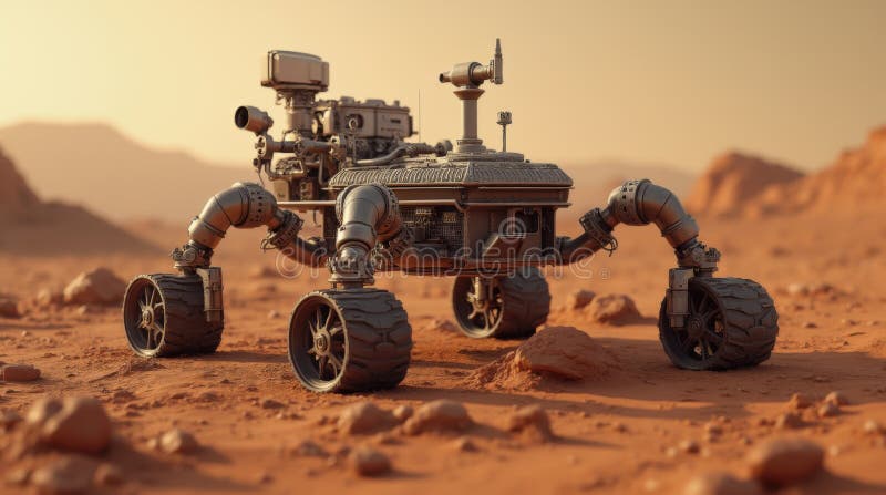 A Mars Rover Navigates the Reddish Rocky Landscape, Equipped with ...