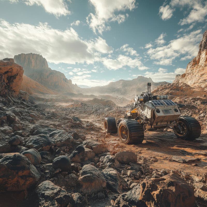 Mars Rover Exploration Rocky Terrain Dusty Sky Remote Landscape Stock ...