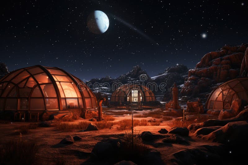 Mars Simulation Habitats Exterior Under a Starry Sky Stock Illustration ...