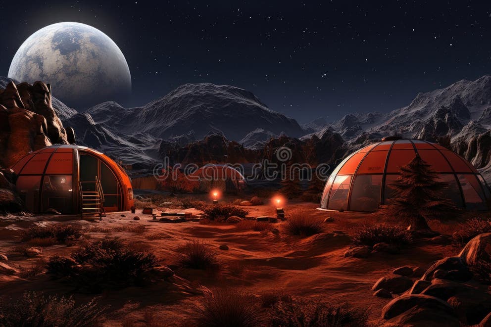 Mars Simulation Habitats Exterior Under a Starry Sky Stock Illustration ...
