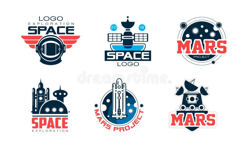 Mars and Space Expedition Project Label with Shuttle, Satellite and ...