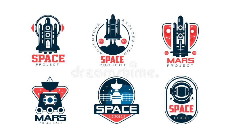 Mars and Space Expedition Project Label with Shuttle and Satellite ...