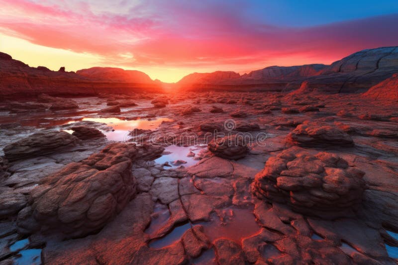 Mars Sunset with Glowing Red Sky and Rocky Terrain Stock Illustration ...