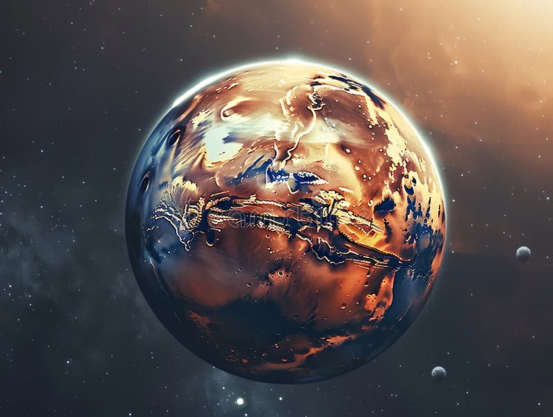 Mars with Two Visible Moons Phobos and Deimos, Surrounded by Cosmic ...