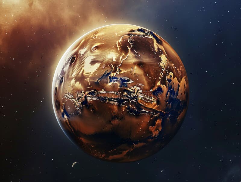 Mars with Two Visible Moons Phobos and Deimos, Surrounded by Cosmic ...