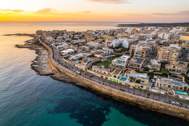 Marsaskala Townscape at Sunrise, Malta. Aerial Drone View Stock Photo ...