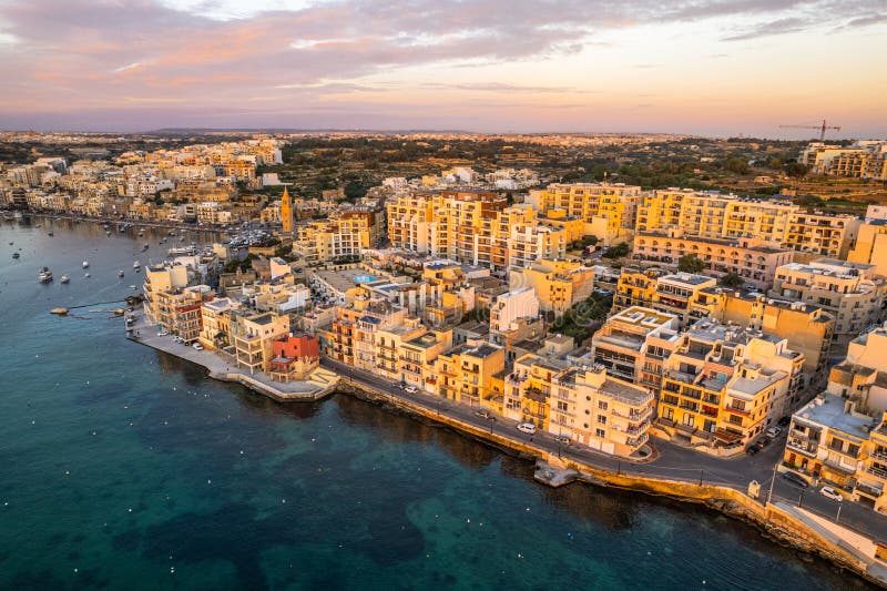 Marsaskala Townscape at Sunrise, Malta. Aerial Drone View Stock Photo ...