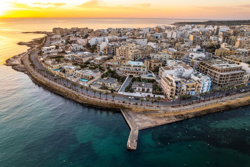 Marsaskala Townscape at Sunrise, Malta. Aerial Drone View Stock Photo ...