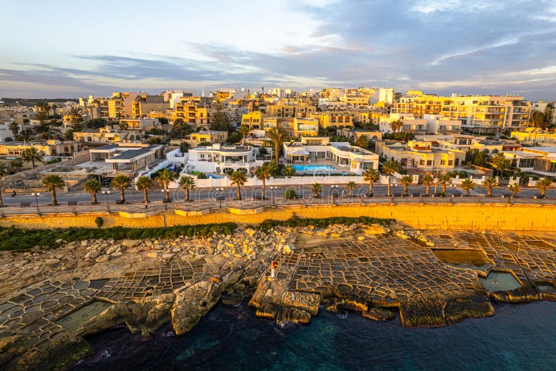 Marsaskala Waterfront at Sunrise, Malta. Aerial Drone View Stock Photo ...