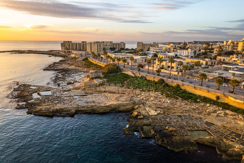 Marsaskala Waterfront at Sunrise, Malta. Aerial Drone View Stock Photo ...