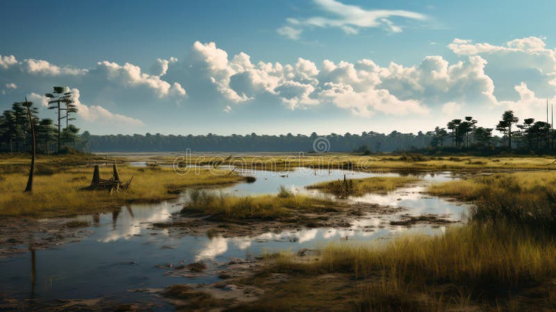 Marsh Created with Generative AI. Marshland with Lots of Water, Grass ...