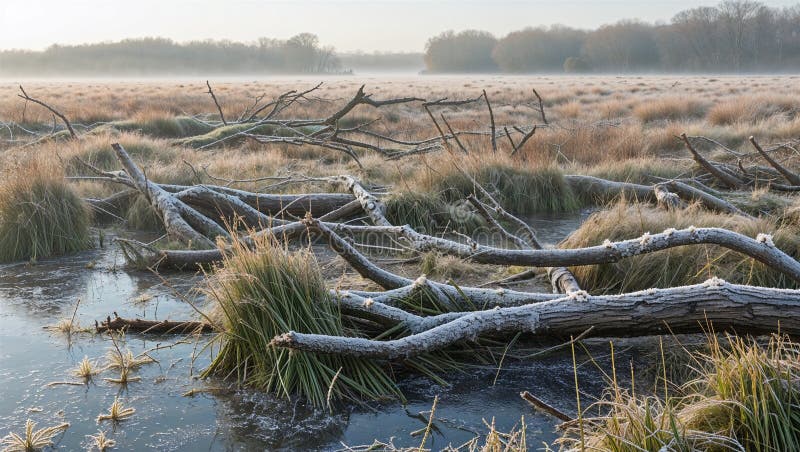 Marsh Edge with Fallen Branches and Patches of Grass Poking through ...