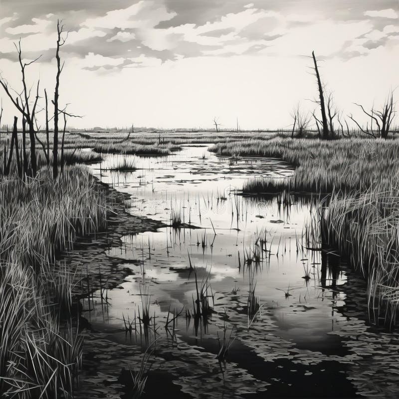 Marsh Landscape Painting in Black and White Techniques Stock ...