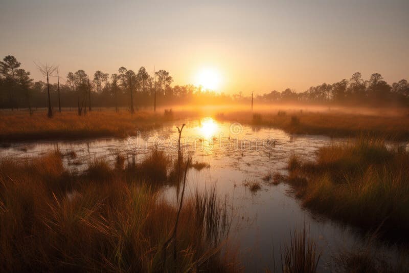Marsh at Sunrise, with the Sun Rising Over the Horizon Stock Photo ...