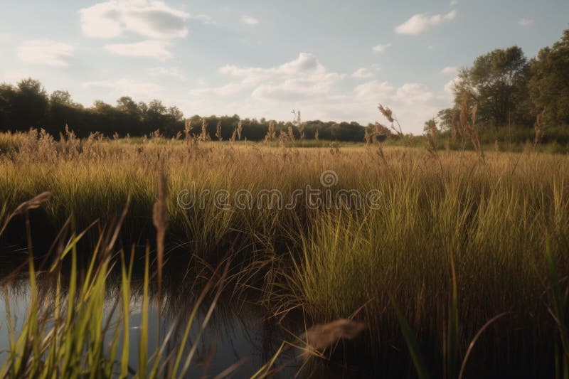 Marsh with Tall Grasses and Reeds Swaying in the Breeze Stock ...