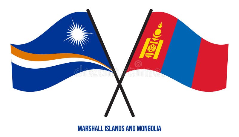 Marshall Islands And Mongolia Flags Crossed And Waving Flat Style