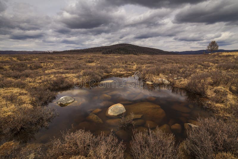 Marshland on the Background of Mountain Scenery Stock Photo - Image of ...