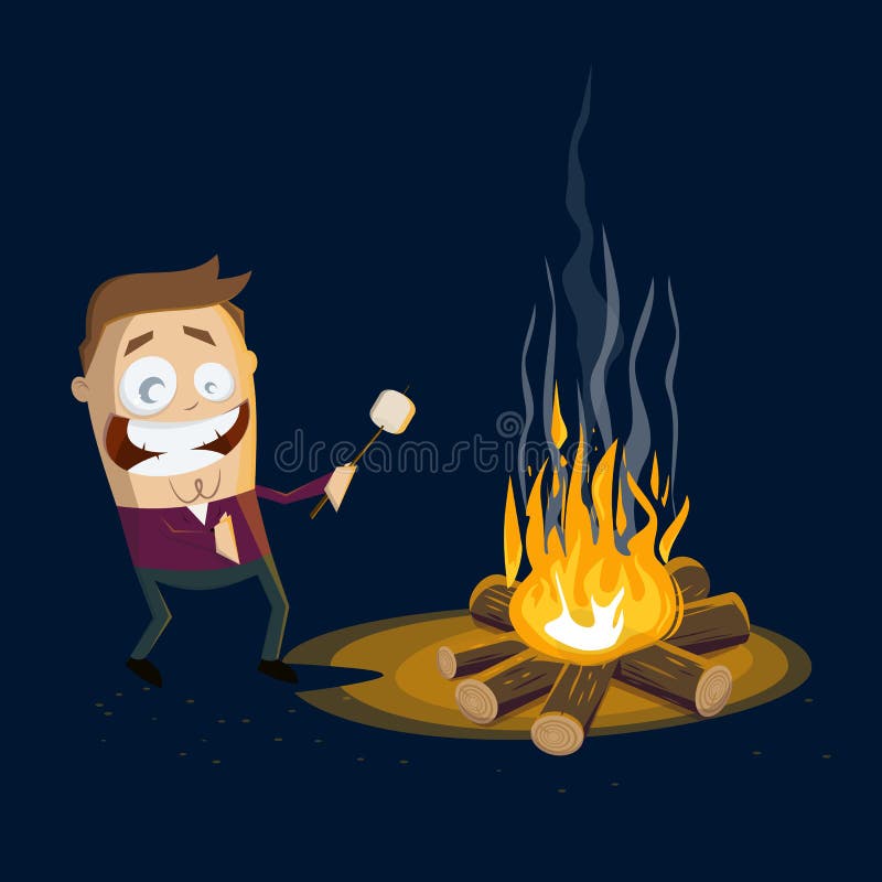 Funny Cartoon Man Roasting a Marshmallow at a Campfire Stock Vector ...