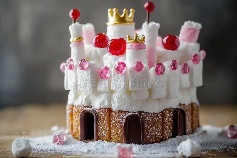 A Marshmallow Castle with Chocolate Doors and Red Cherries Stock ...