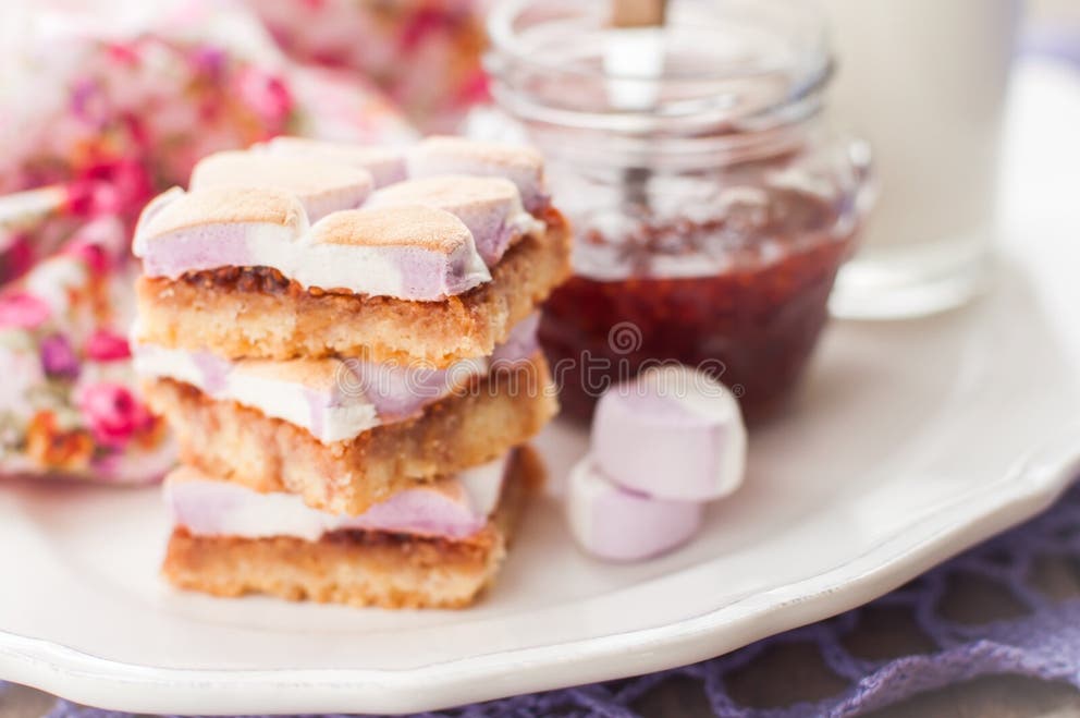 Marshmallow Jam Slice stock photo. Image of crunchy, biscuit - 55403288