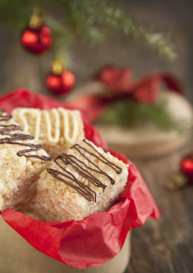 Marshmallow Rice Crispy Dessert Bar with Chocolate Stock Photo - Image ...