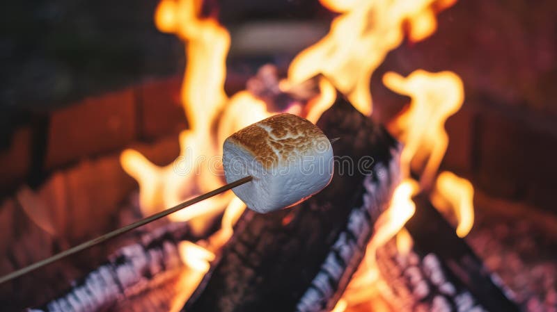 Marshmallow Roasting Over Open Fire with Embers and Glowing Flames ...