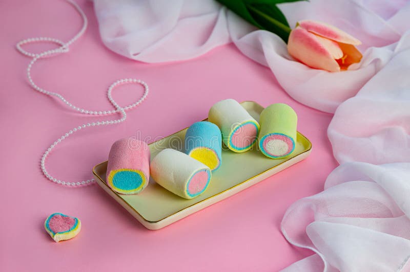 Colorful Marshmallows in Ceramic Rectangular Plate on Pink Background ...