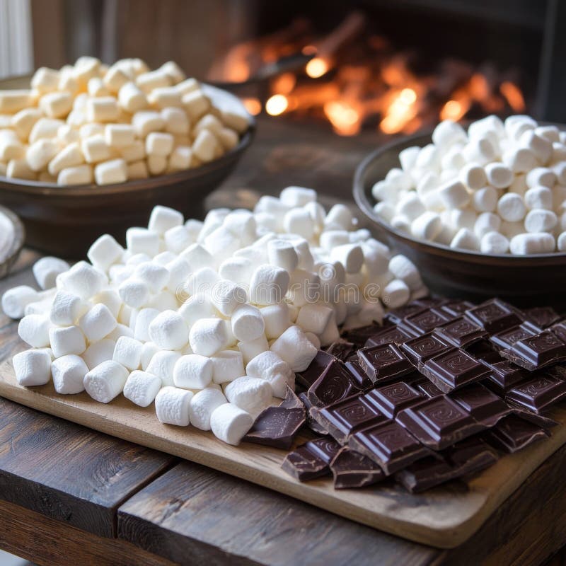 Marshmallows, Chocolate, and Fire in the Background Stock Illustration ...