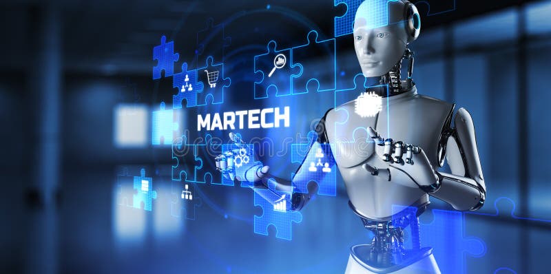 Martech Digital Marketing Automation Technology Concept. Robot Pressing ...