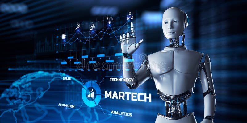 Martech Digital Marketing Automation Technology Concept. Robot Pressing ...