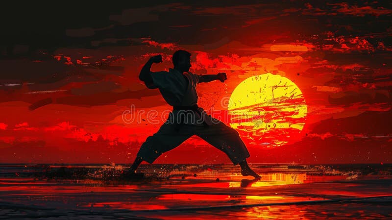 Martial Artist Performing Kata at Sunset Stock Illustration ...