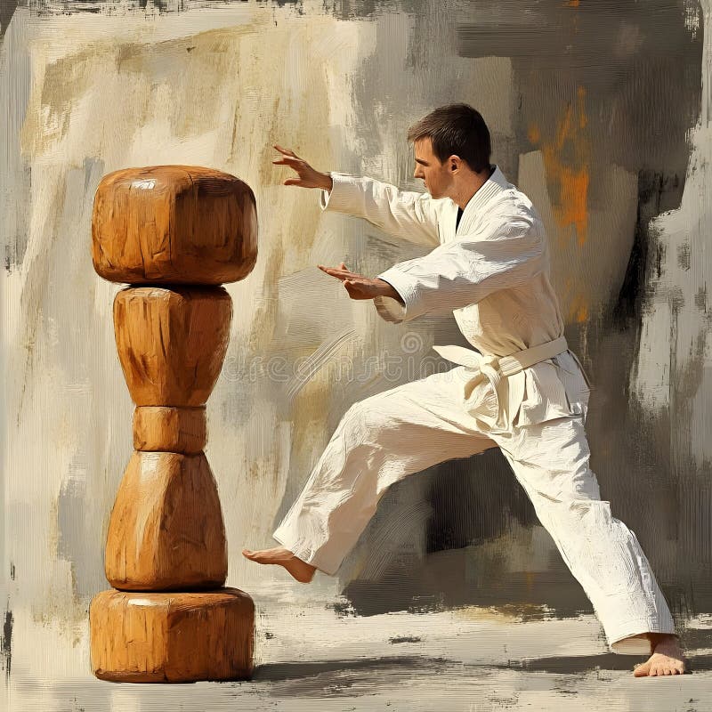 A Martial Artist Performing a Technique Against a Wooden Training Dummy ...