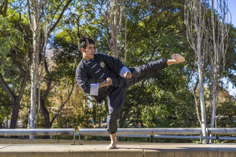 Young Athletic Martial Arts Fighter Practicing Kicks in a Public Park ...