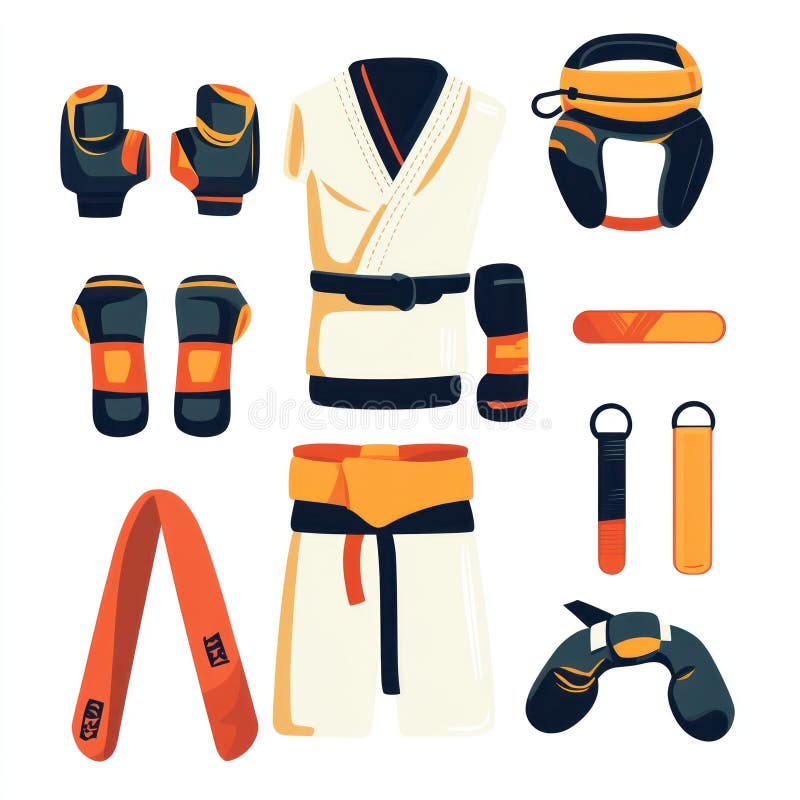 Martial Arts Gear Illustration, Karate Gi, Boxing Gloves, and ...