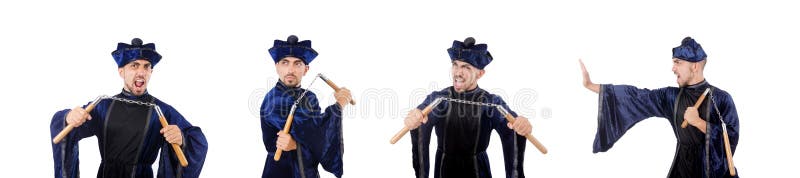 Martial Arts Master with Nunchucks on White Stock Photo - Image of guru ...