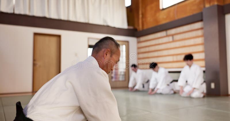 Martial Arts Students, Master or Bow in Dojo for Aikido Practice ...
