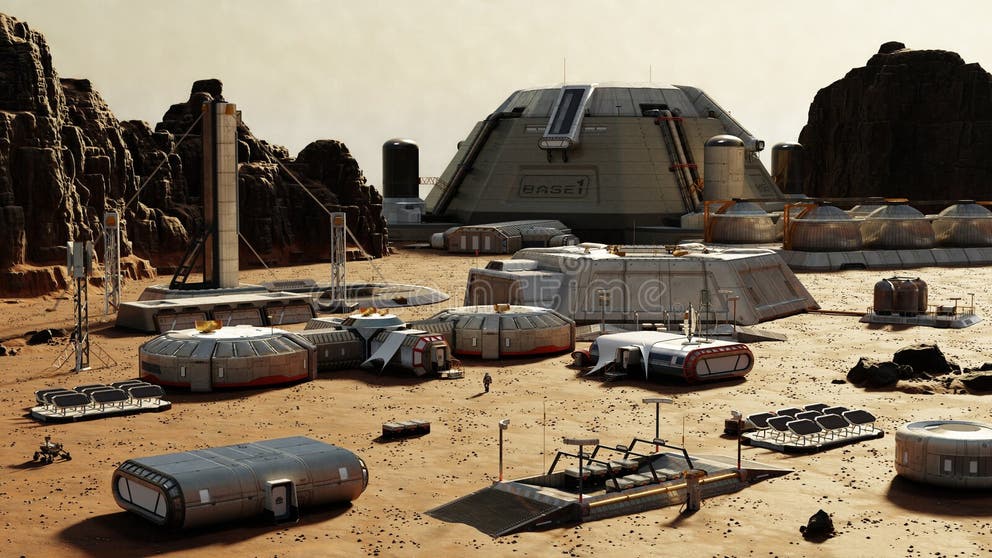 Martian Base with Modular Structures and Solar Panels in a Rocky Desert ...