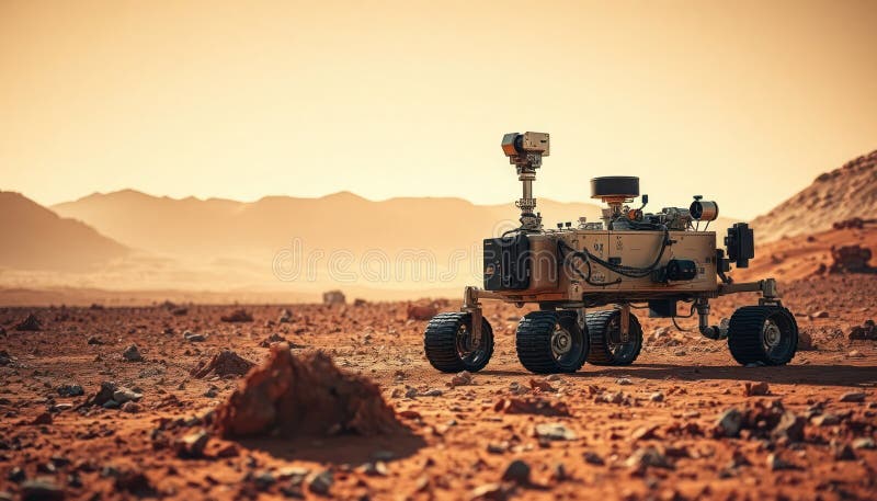 Martian Robot Explorer Analyzes Soil Samples on Red Barren Landscape ...