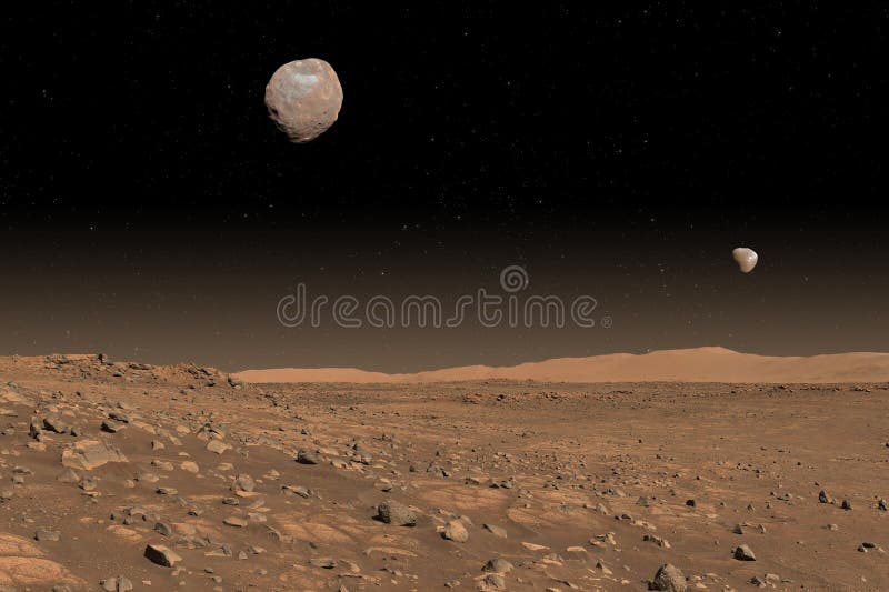 Martian Surface, Phobos, Deimos and Starry Sky. Stock Image - Image of ...