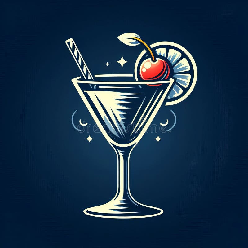 Martini Cocktail Illustration with Cherry on Dark Background Stock ...