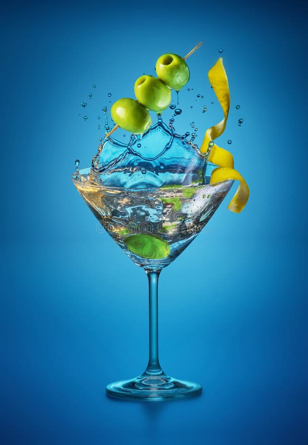 Martini Glass Amazing Splash Olive Berries Falling Down Blue Background ...