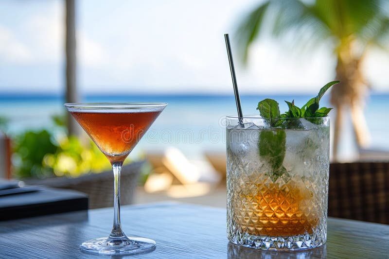 A Martini Glass and a Cocktail Glass Sit on a Table by the Ocean ...