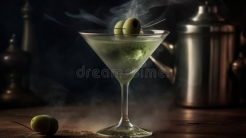 A Martini Glass Is Filled With Clear Vodka And Liquid Nitrogen One